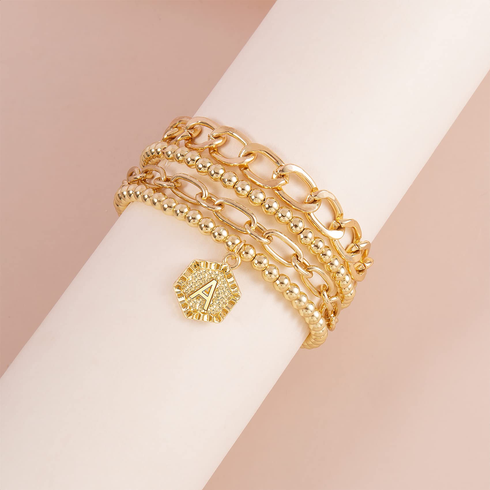 Gold Initial S Bracelets Stackable Bead Bracelet Set Layered 14k Gold Plated Stretch Letter Initial Bracelets Gold Chain Bangles Paperclip Link Charms Bracelet