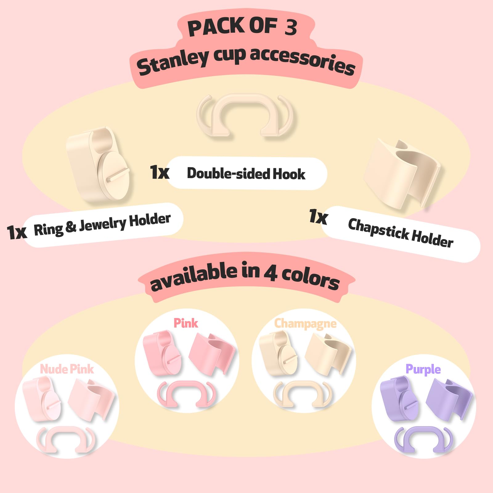 Set of 3 Pcs Accessories for Stanley 40oz Quencher H2.0 Tumbler, Includes Double-sided Hook, Chapstick Lip Balm Holder and Ring&Jewelry Holder, Accessories for Stanley Cup H2.0 Tumbler 30oz 40oz 64oz