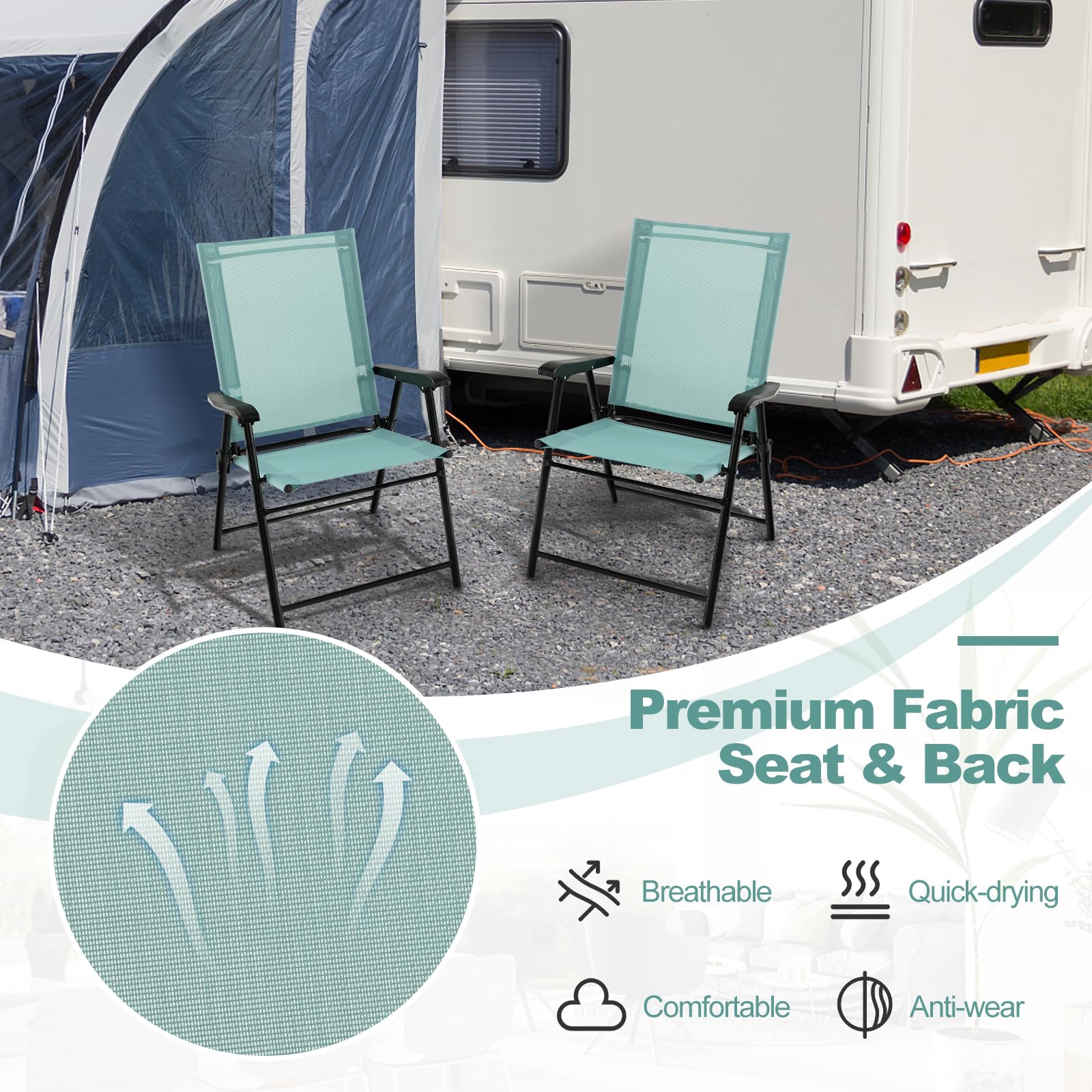 Tangkula Patio Folding Chairs Set of 2, Outdoor Sling Chairs with Breathable Fabric Back & Seat, Portable Dining Camping Chairs for Poolside, Yard, Garden, Deck, Lawn, Beach (Mint Green)