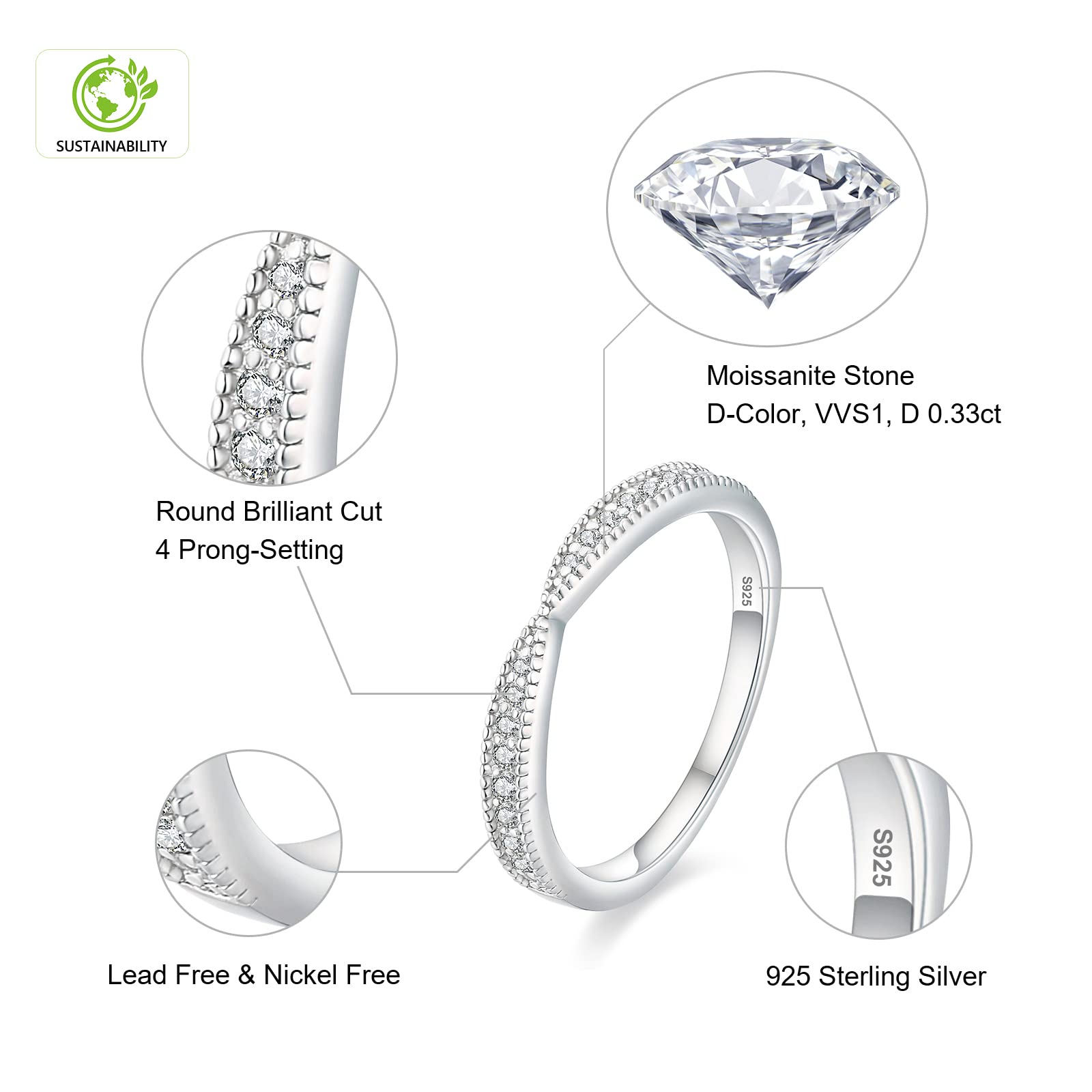 KRKC Moissanite Wedding Band, Half Eternity Rings with Lab Created Diamond, 0.33 Carat VVS1 Clarity Stone, S925 Sterling Silver Curved Stackable Ring for Promise, Anniversary and Bridal Gift (Size 8)