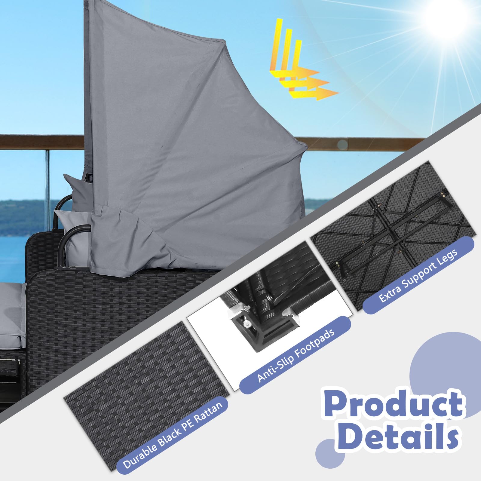 Tangkula Patio Rattan Daybed with Retractable Canopy, Patiojoy Wicker Sun Lounger with 2 Foldable Side Panels, Thick Seat & Back Cushions, for Garden, Backyard, Porch (Grey)