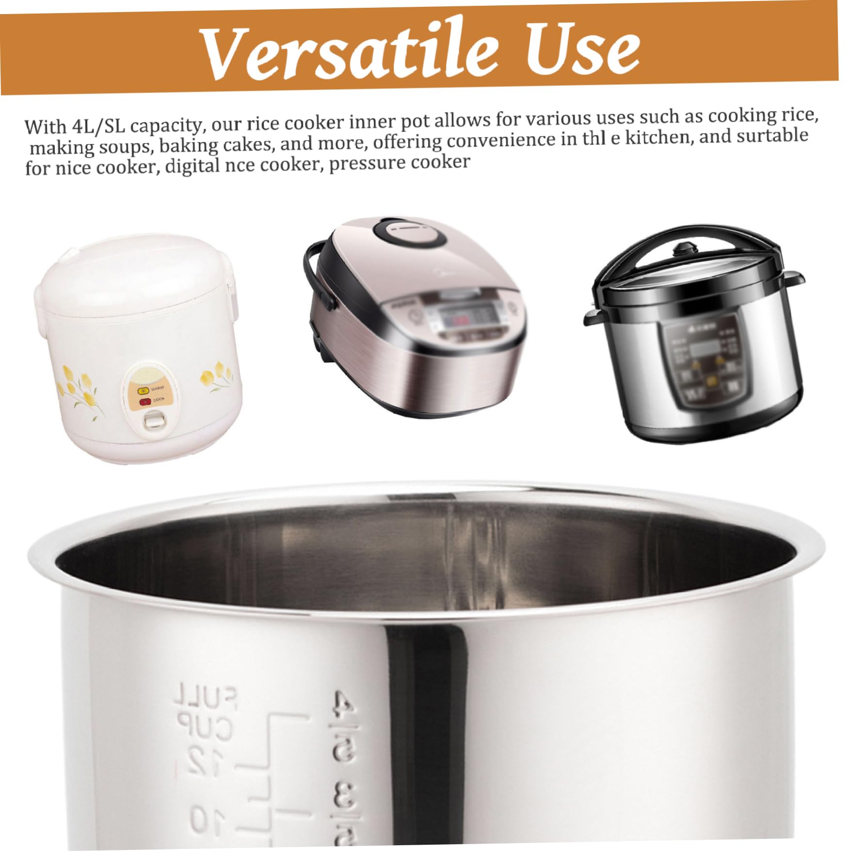Stainless Steel Rice Cooker Inner Pot 4L Stove Safe Polished Edged Rice Cooker Inner Pot with Scale & 3-Ply Bottom for Rice Pot Rice Cooker Rice Cooker Inner Pot Rice Pot Rice Cooker Inner Pot