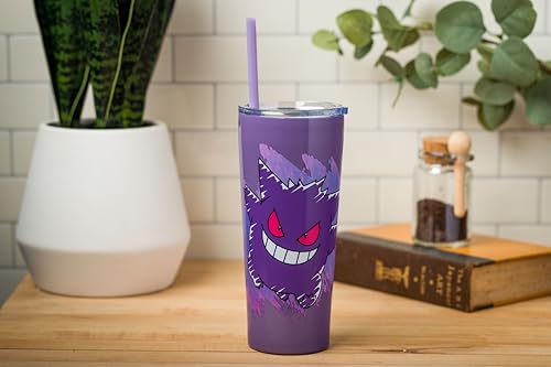 Silver Buffalo Pokemon Gengar Double-Walled Stainless Steel Purple Tumbler with Lid and Reusable Straw, 22 Ounces