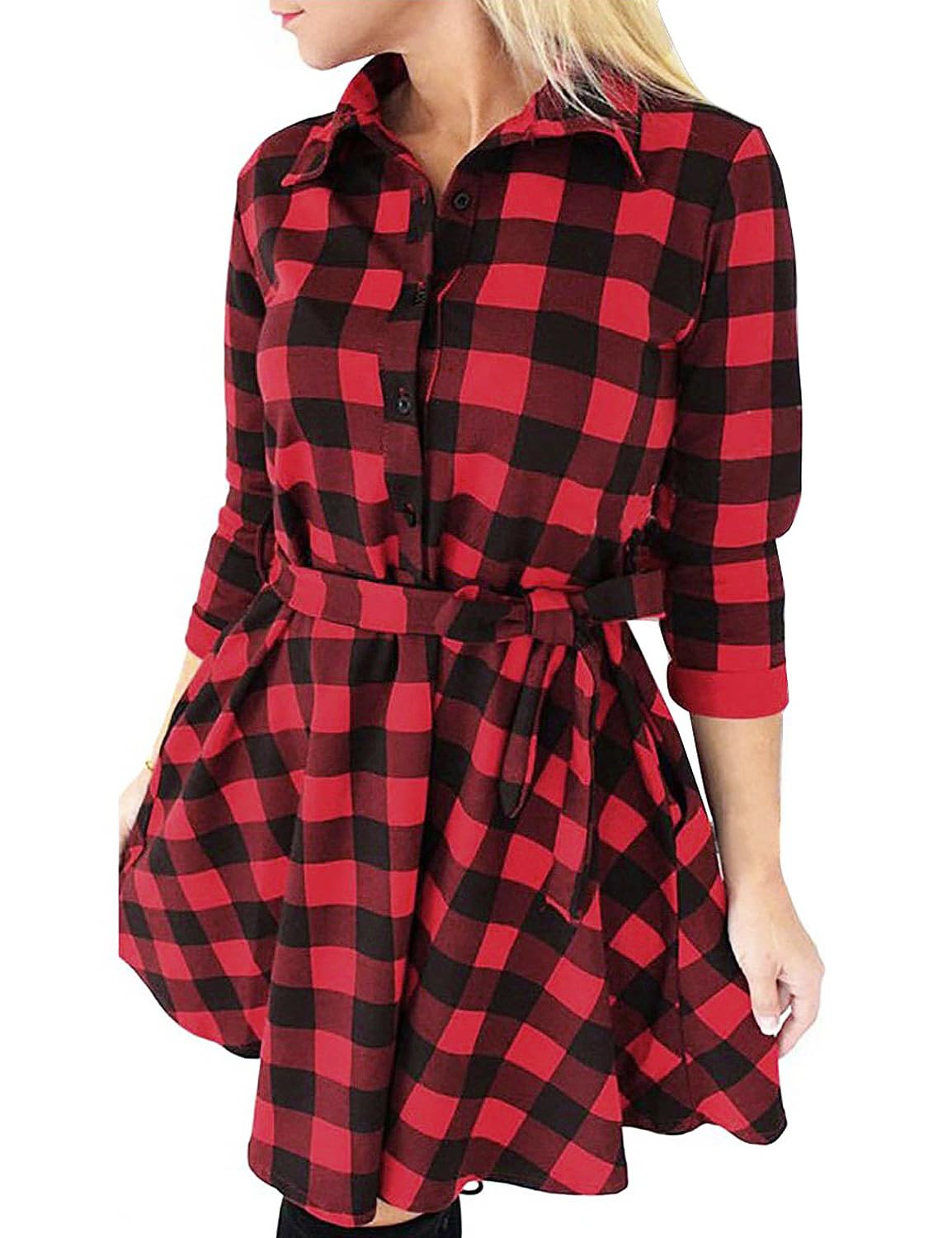 FANCYINN Womens Christmas Plaid Dresses Flannel Button Down Long Sleeve Shirt Dress Winter Casual Dresses Mini Dress with Belt Red M