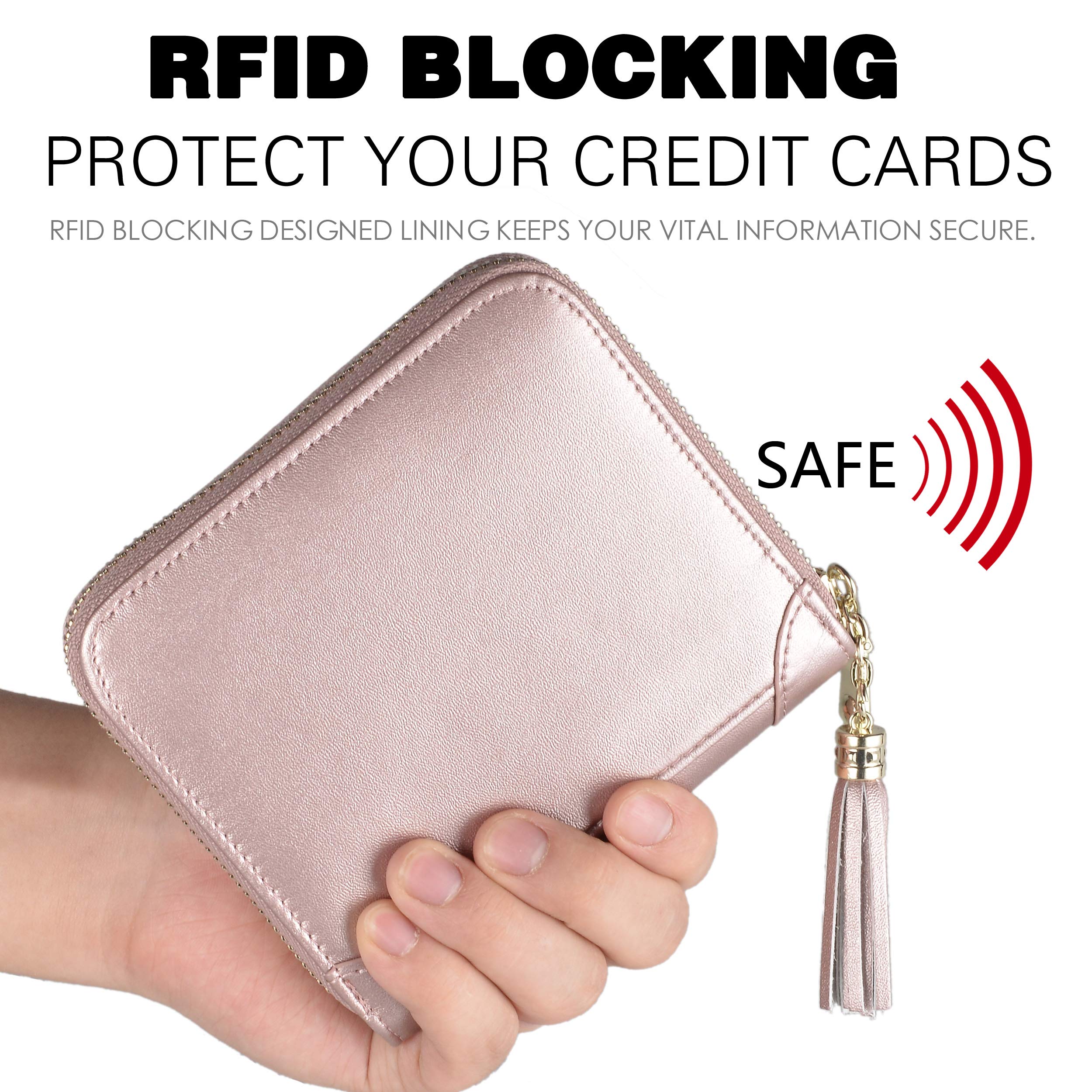 Easyoulife Womens Credit Card Holder Wallet Zip Leather Card Case RFID Blocking (Rose Gold)