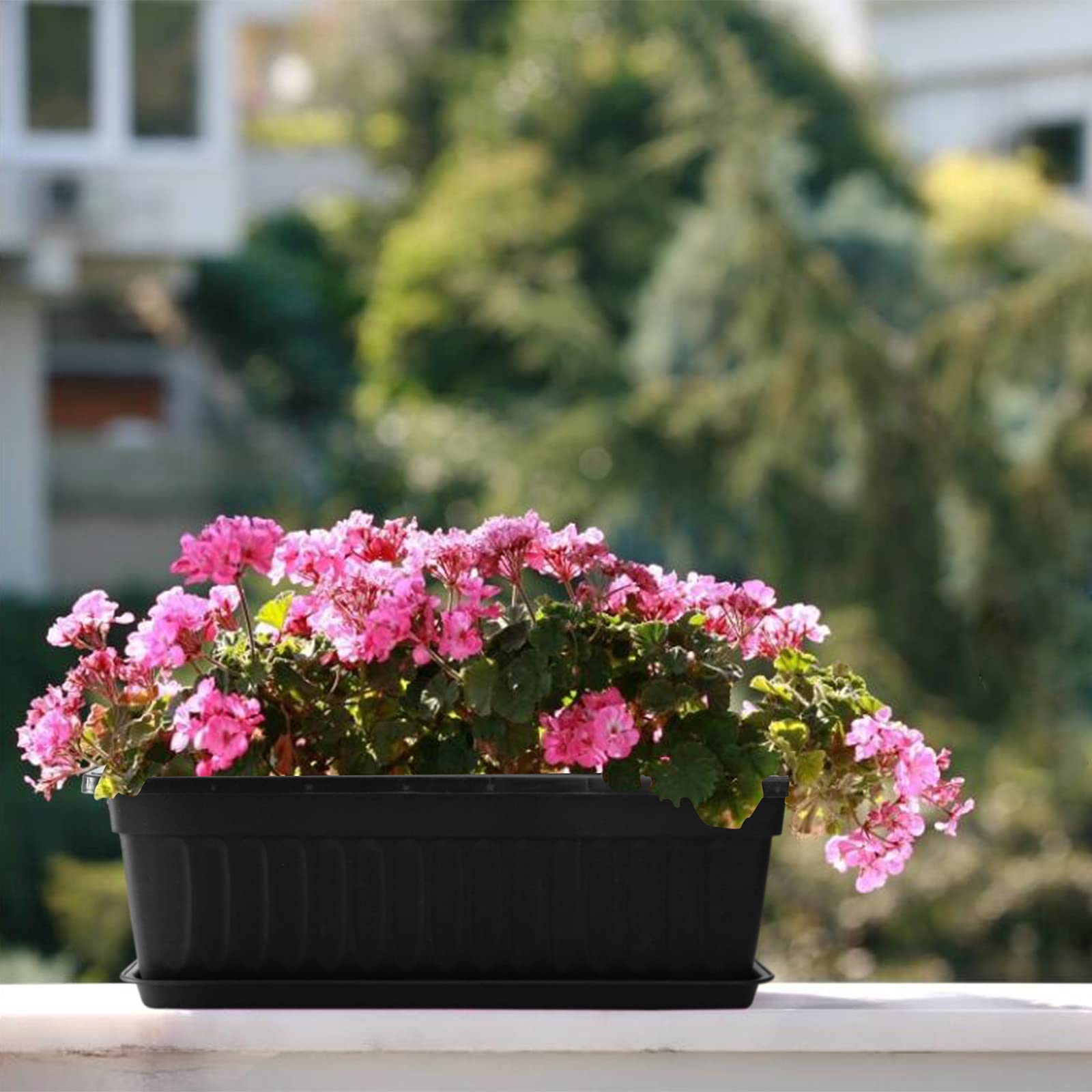 Fasmov 7 Pack 17 Inches Flower Window Box Plastic Vegetable Planters with Trays Vegetables Growing Container Garden Flower Plant Pot with 7 Pcs Plant Labels for Balcony, Patio, Garden, Black