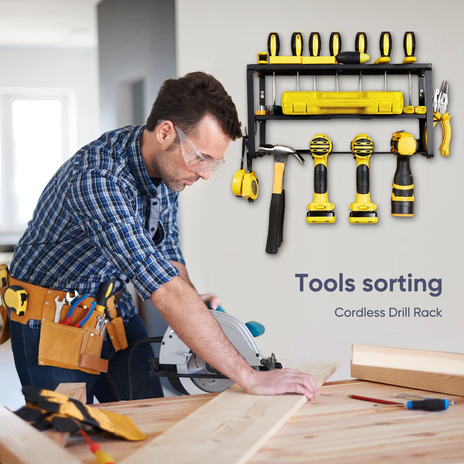Power Tool Organizer, Storage Rack for Garage Organization,Drill Holder Wall Mount,Utility Rack for Cordless Drill, 3 Layers Heavy Duty Metal Tool Shelf, Large 5 Drill Holder (Yellow/Black)