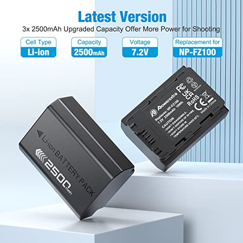 Powerextra Replace for Sony NP-FZ100 Battery and LCD Triple Charger for Firmware 2.0 Sony Alpha A7 III, A7R III, A9, Sony Alpha 9, A7R3, a6600, a7R IV, Alpha a9 II, Alpha 9R, A9R, Alpha 9S Camera