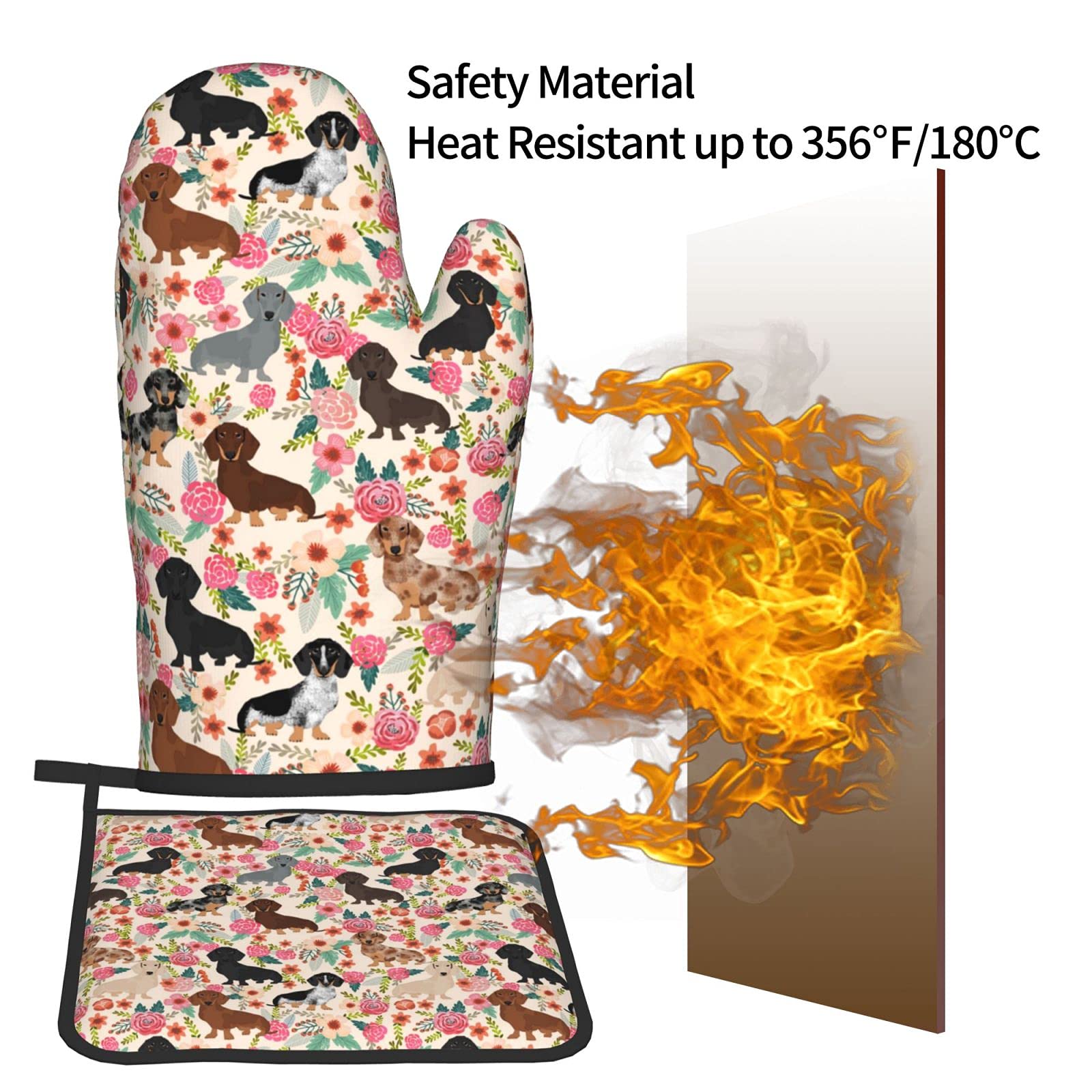 Hitamus Floral Dachshunds Oven Mitts and Pot Holders Sets, Heat Resistant Kitchen Microwave Gloves Non-Slip Pot Pads for Grilling Baking Cooking BBQ (Set of 2)