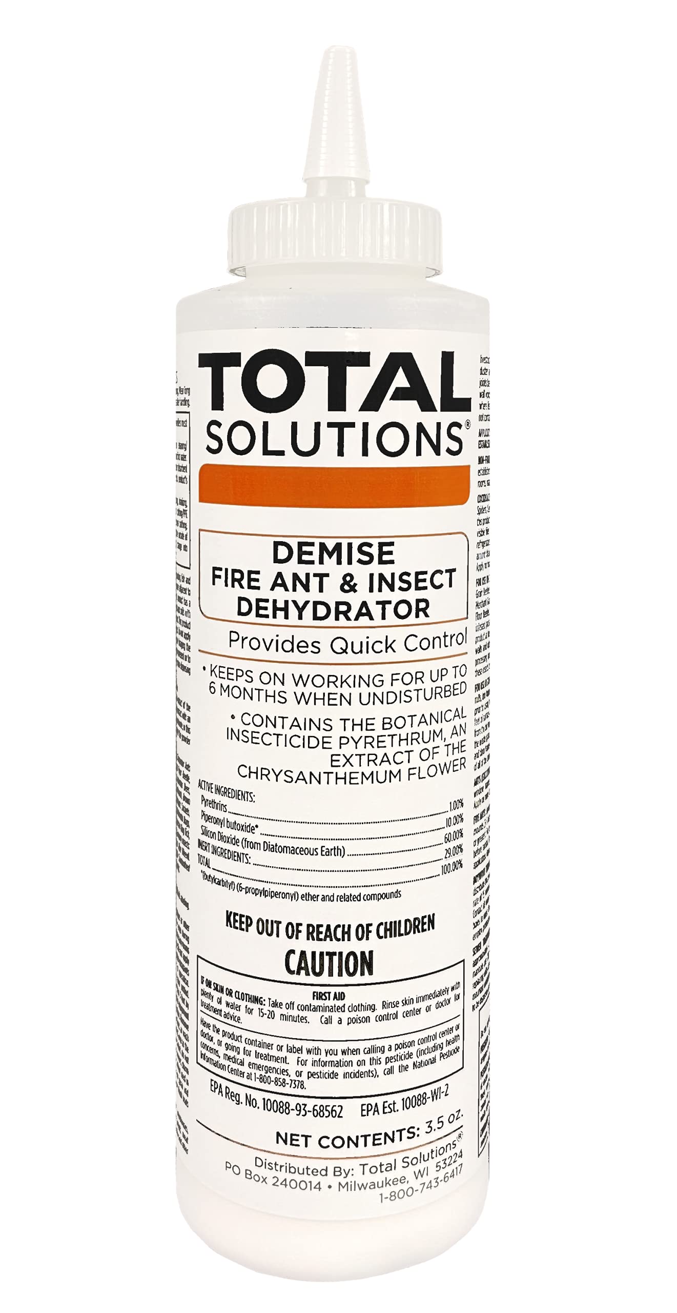 Total Solutions Demise | Powdered fire ant and Insect dehydrator Featuring Pyrethrin for Fast Knockdown of pests and Silicon Dioxide to dehydrate Insects on Contact. (3.5 oz)