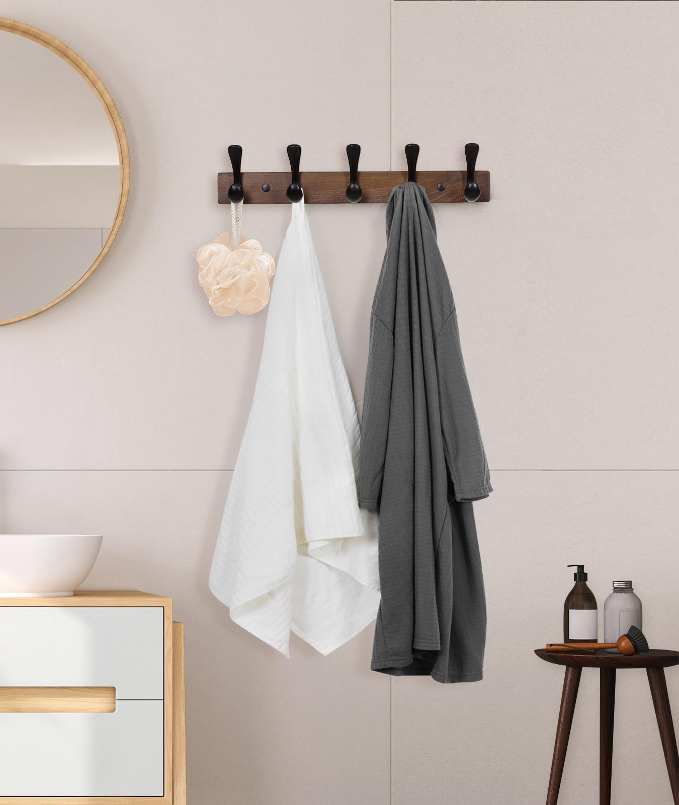 Optish Walnut Wood Coat Rack Wall Mount, Coat Hooks Coat Hanger Wall Mount, Heavt Duty Wall Hanger Wall Hooks for Hanging, Entryway Decorative Hat Rack for Coat, Bag, Hat and Towel