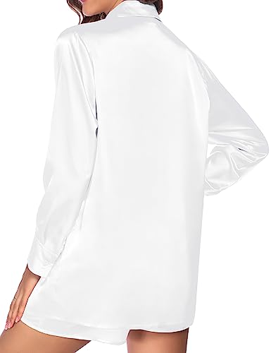 SWOMOG Women's Silk Lounge Sets 2 Piece Outfit Pajama Set Satin Button Down Tops Summer Silk Long Sleeve Shirts with Pocket White