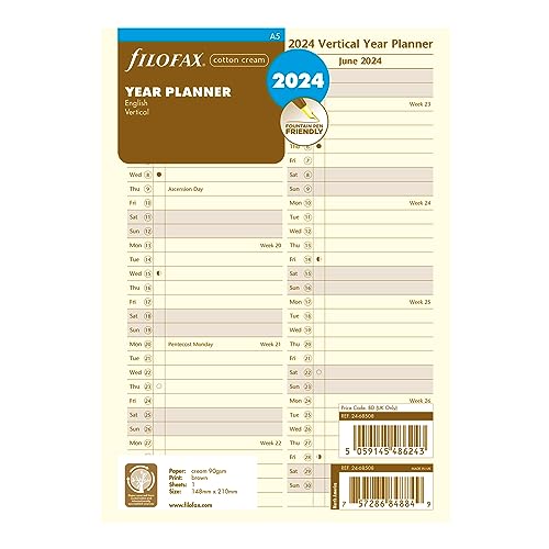 Filofax Calendar Diary Refill, A5 Size, Vertical Year Planner, Cotton Cream Paper, English, 2024 (C68508-24)