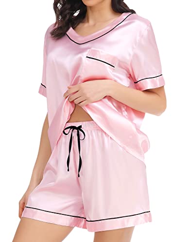 SWOMOG Womens Short Sleeve Satin Pajama Set Silk Pjs Lounge Set V Neck Two Piece Loungewear Sets Cute Cozy Sleepwear Rose Pink