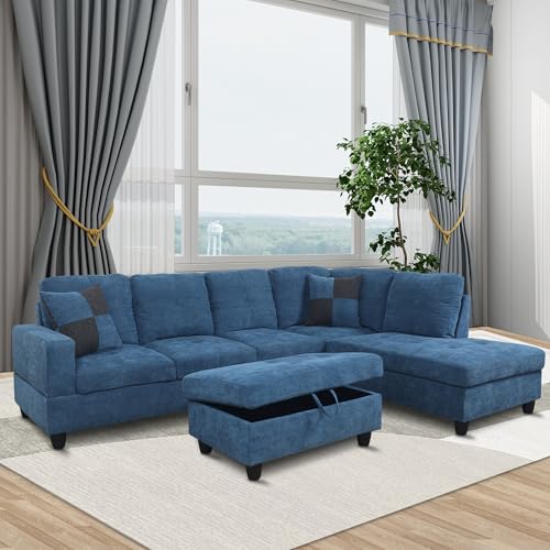 LostCat 103" W Sectional Couches for Living Room Couch Set, Modular Sectional Sofa for Living Room Furniture Sets, L Shaped Couch with Storage Ottoman, Flannel Modular Couch Sofa Set, Blue