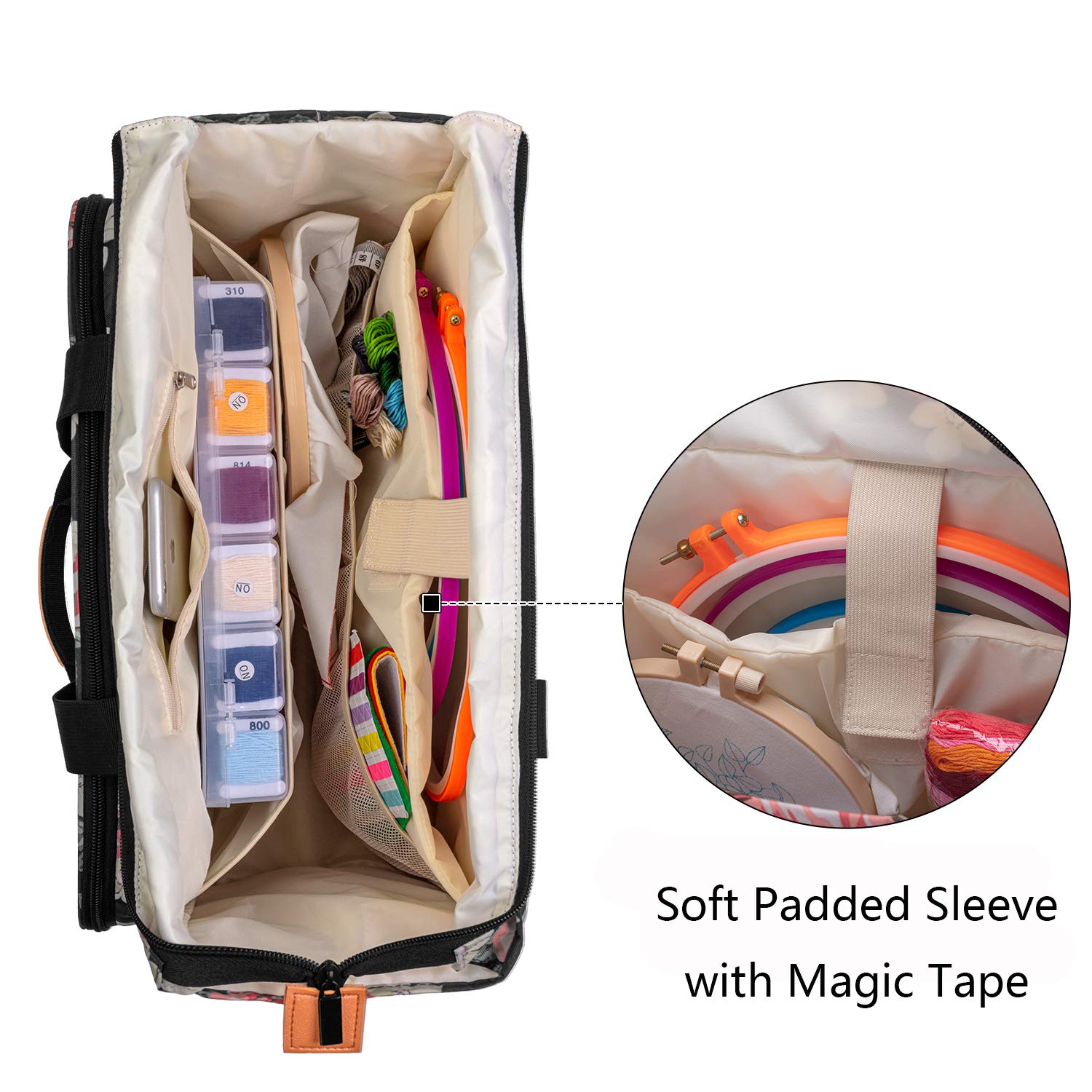 Yarwo Embroidery Project Bag, Embroidery Kits Storage Bag with Multiple Pockets for Embroidery Hoops (Up to 11.2"), Embroidery Floss or Other Embroidery Supplies, Black Peony (Bag Only)