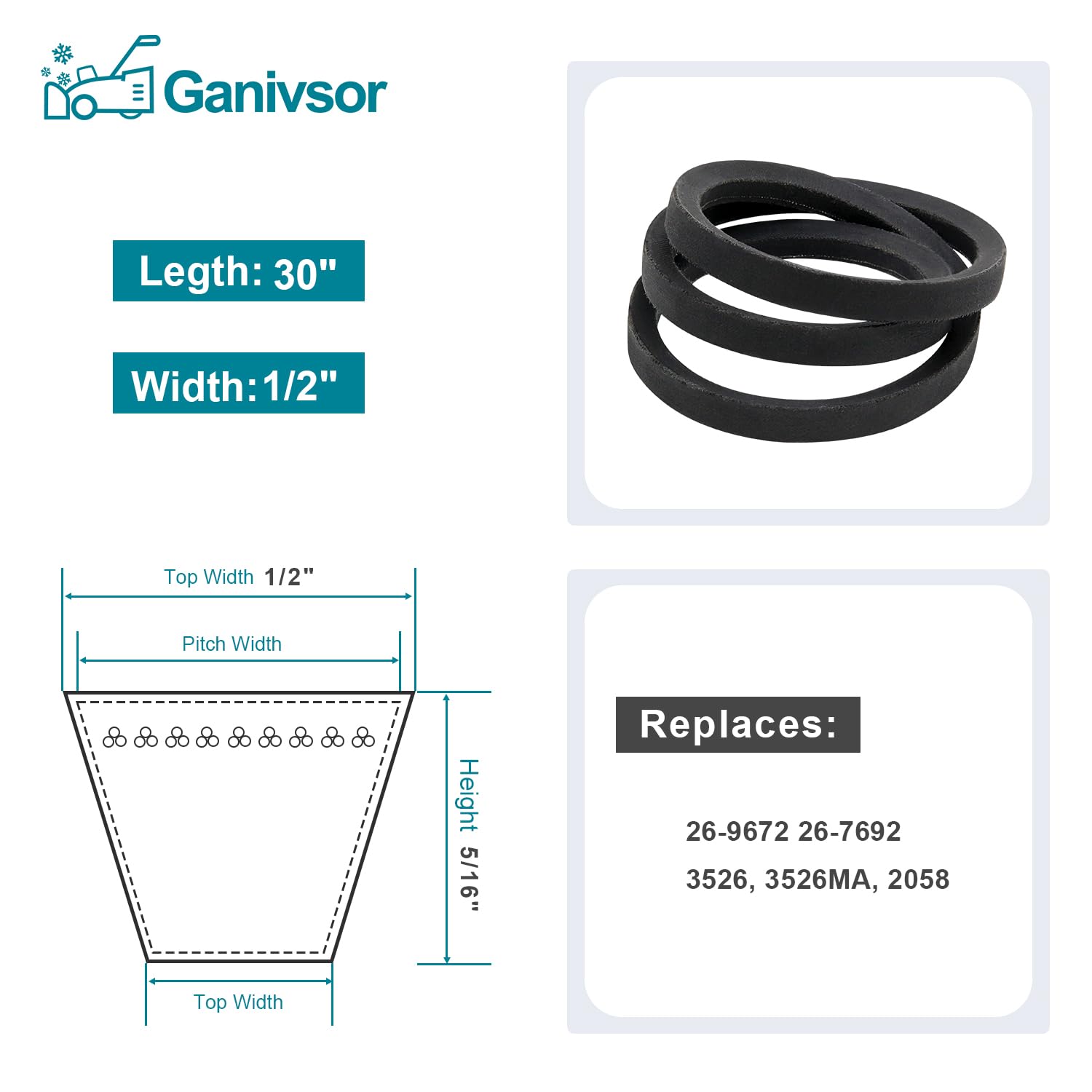 Ganivsor Replacement Snow throwers Raw Edge Belt for Toro 26-9672 (1/2"x30")