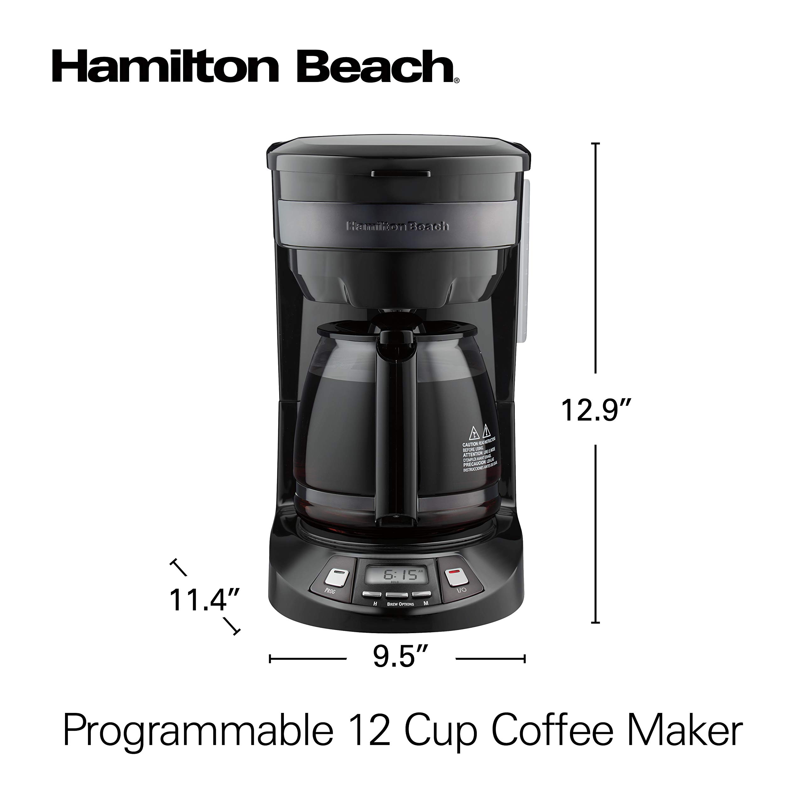 Hamilton Beach 12 Cup Programmable Drip Coffee Maker with 3 Brew Options, Glass Carafe, Auto Pause and Pour, Black Stainless (46293)
