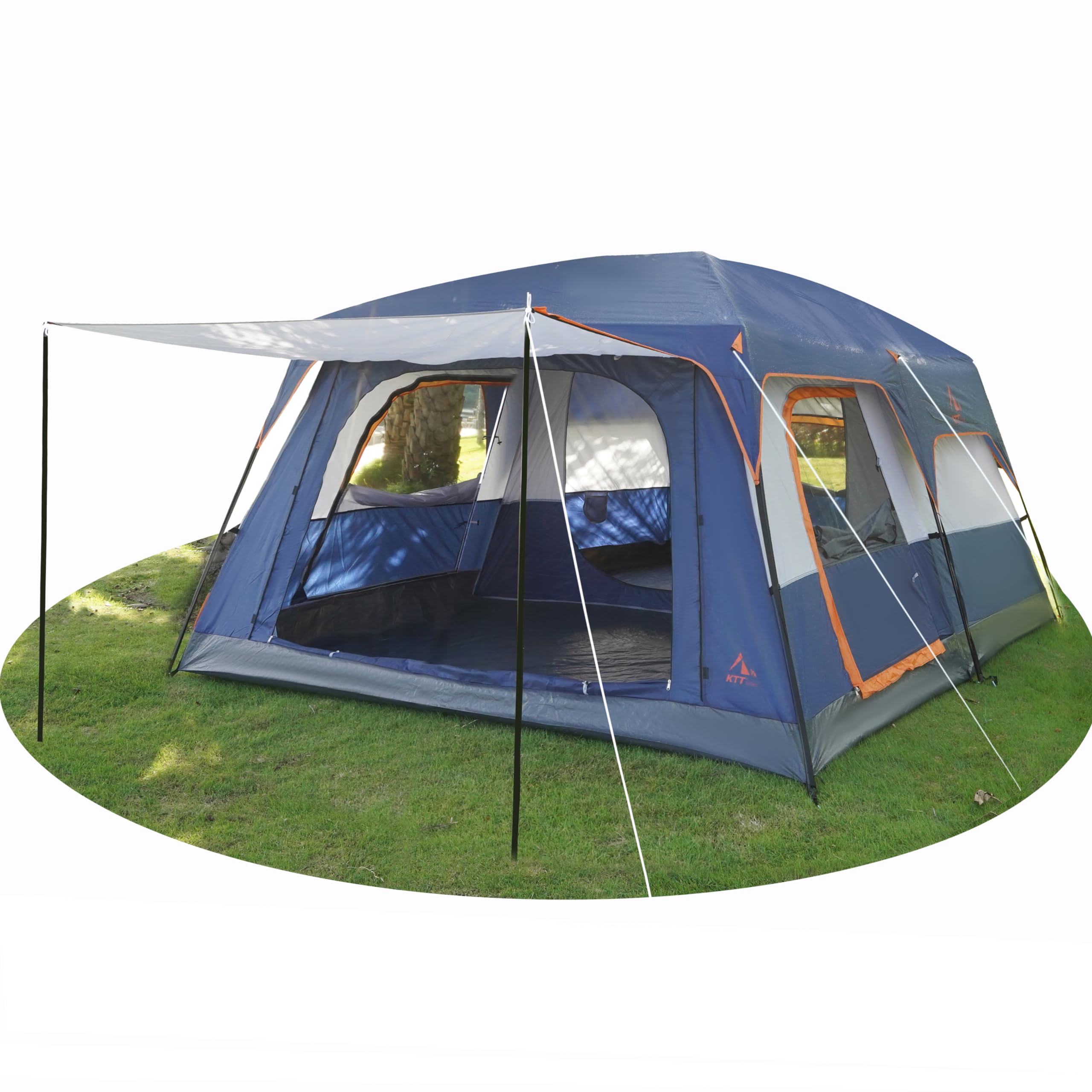 KTT Extra Large Tent 10-12 Person(B),Family Cabin Tents,2 Rooms,3 Doors and 3 Windows with Mesh,Straight Wall,Waterproof,Double Layer,Big Tent for Outdoor,Picnic,Camping,Family Gathering(Dark Blue)