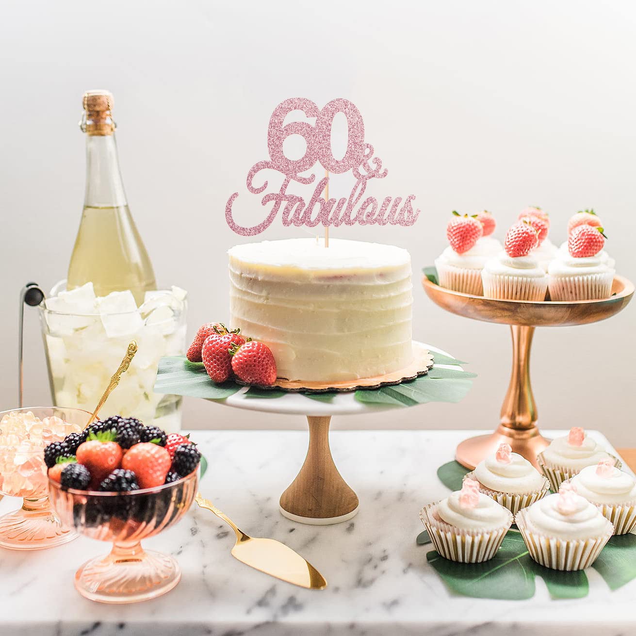 Glitter Double Sided Rose Gold 60 and fabulous Cake Topper, 60th Cake Topper for 60th Fabulous Birthday Wedding Anniversay Party Decoration