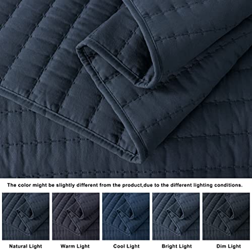 Navy Blue Queen Size Quilt Bedding Sets with Pillow Shams, Mustard Full Lightweight Soft Bedspread Coverlet, Quilted Blanket Thin Comforter Bed Cover for All Season, 3 Pieces, 90x90 inches