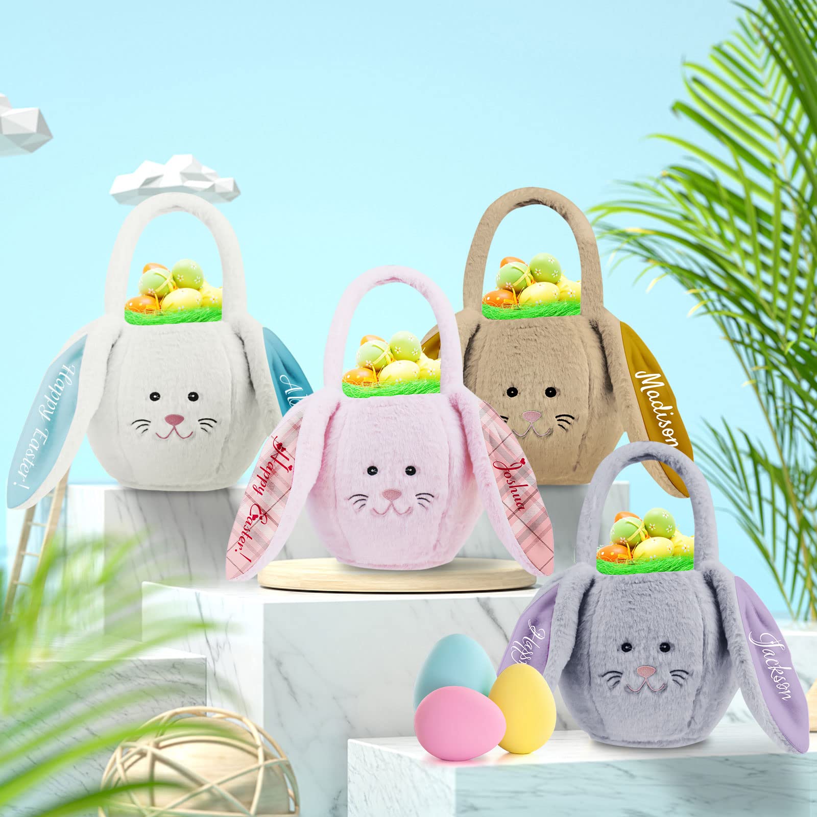 Personalized Easter Basket for Boys Girls Kids Baby Custom Customized Gifts Name Easter Basket Bags Eggs Candy Bunny Tote Gift-Pink