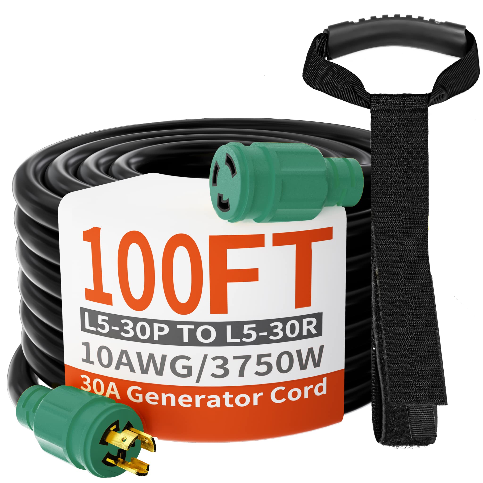 HUANCHAIN 3 Prong 30 Amp Generator Cord 100 Feet Heavy Duty,NEMA L5-30P/L5-30R 10 Gauge 125V SJTW Green Lock Generator Extension Cord Waterproof, ETL Listed