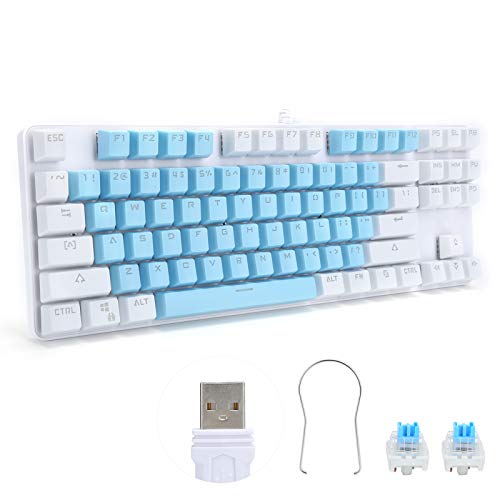 K100 Gaming Keyboard 87Keys, White Blue Dual Color Blue Mechanical Keyboard, Mixed Light Wired USB Computer Keyboard with 1.5m Cable, for General Desktop Notebook Computers (Blue and White)