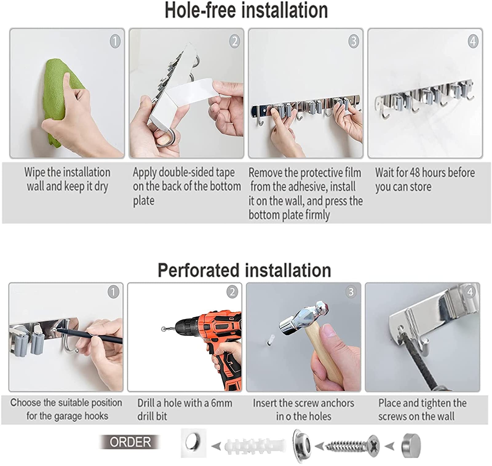 YYTONG Broom and Mop Holder, Wall Mounted Broom Holder, Stainless Steel Mop Holder, Self Adhesive Heavy Duty Hooks Storage Organizer for Laundry Room Garden Garage Closet Kitchen (3 Racks 4 Hooks)