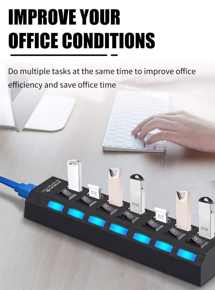 TXY 7 Port High Speed HUB USB 2.0 HUB Hub Power On/Off Switch LED for Pc Laptop USB Hub Splitter USB Adapter Charger (Black)