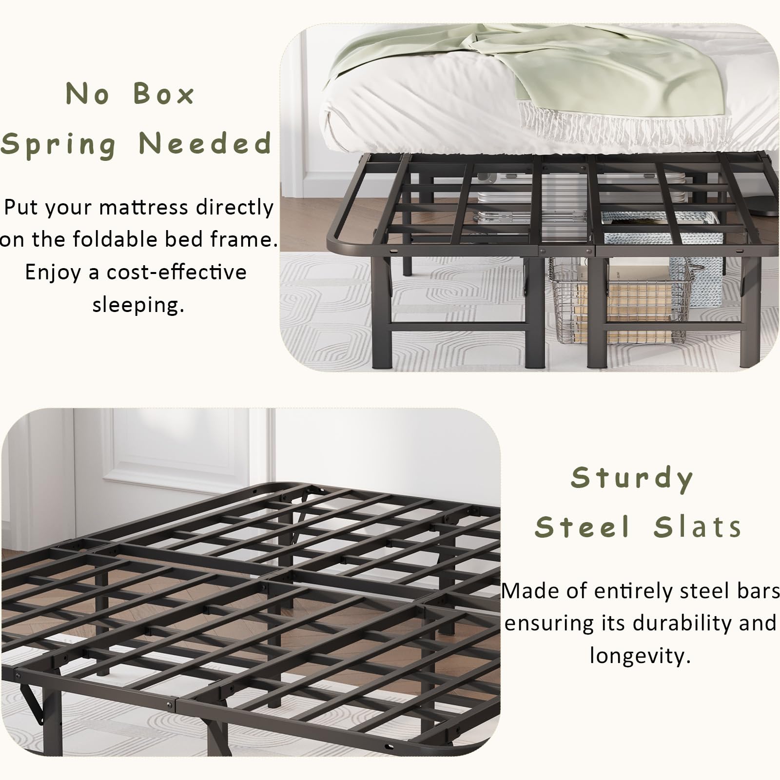 RestVille Collapsible Queen Bed Frame Heavy Duty Steel Slat Construction 16 Inch High No Box Spring Needed Easy Assembly Noise-Free Black