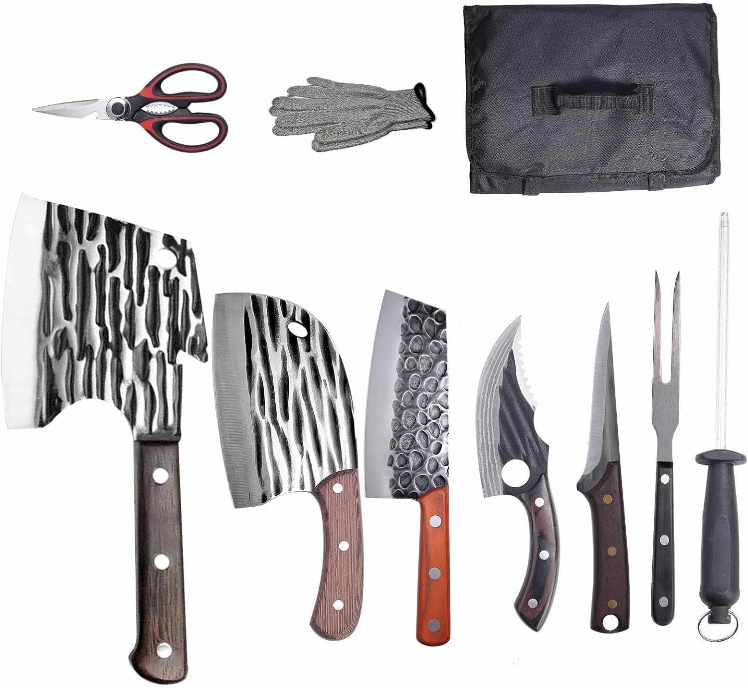 tatakook Butcher Chef Knife Set with Bag,High Carbon Steel Meat Cleaver for Meat Cutting Processing,Hand Forged Boning Carving Knife,Vegetable BBQ Camping Viking Knife