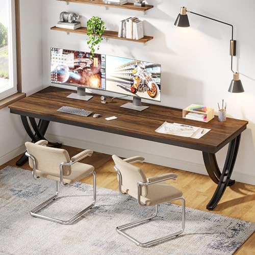 LITTLE TREE 2 Person Computer Desk, 78.7-Inch Extra Long Executive Desk, Large Office Desk for Two People, Wooden Double Writing Desk Study Table for Home Office, Black and Rustic Brown