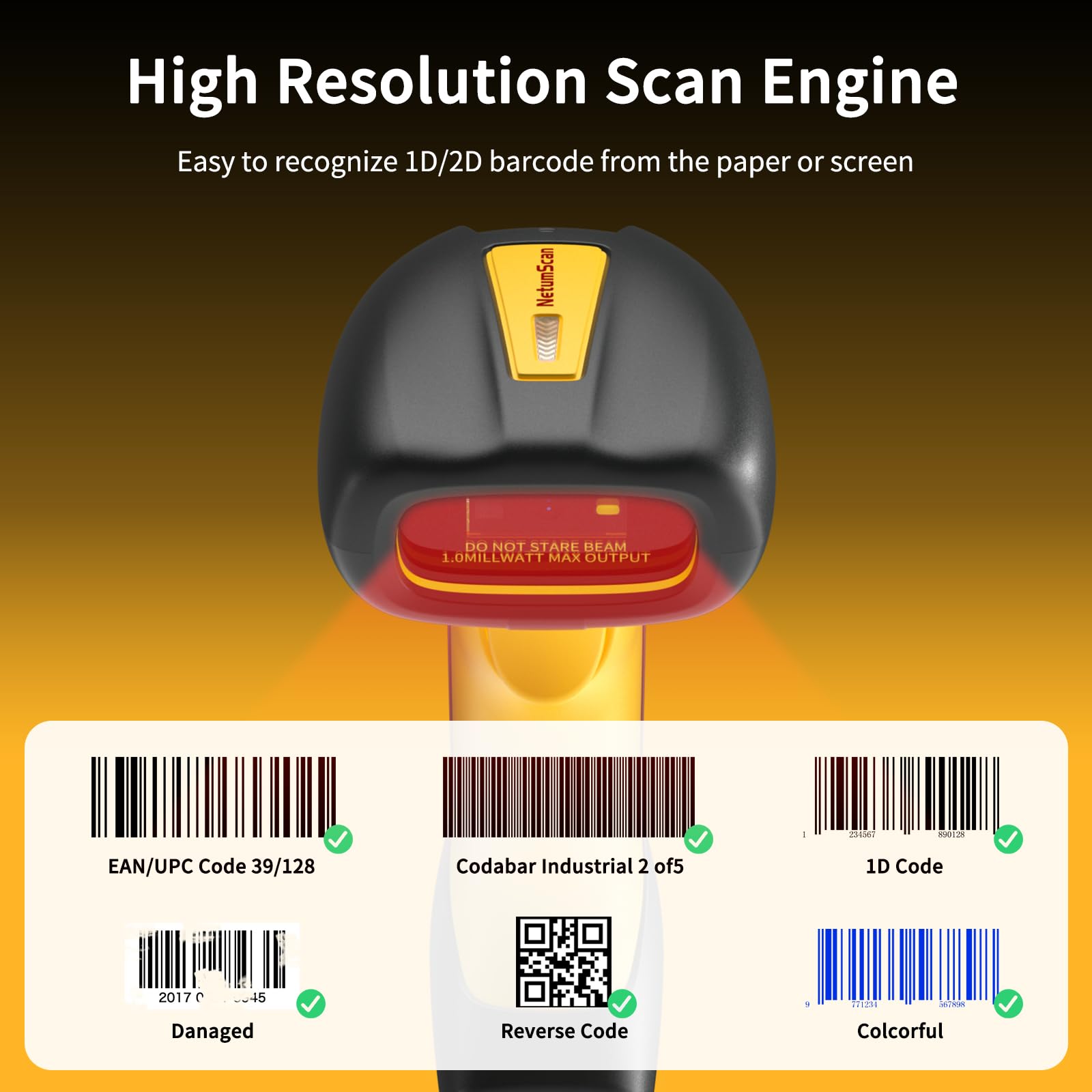 NetumScan Industrial Bluetooth QR Barcode Scanner, IP67 Waterproof & 7M Drop Proof, 2600mAh Wireless 1D 2D Bar Code Scanner with Charging Stand for Store, POS, Computer, iPhone, Android NS-1200