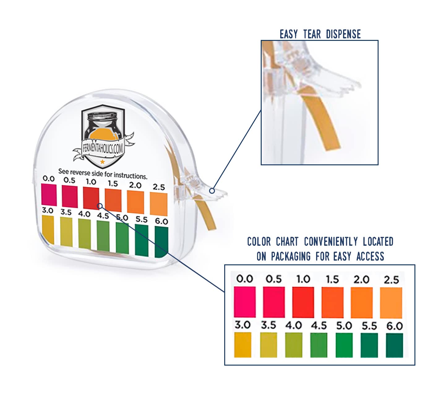 Kombucha Instant Read pH Strips Dispenser - pH Range 0-6 - 15 ft Roll | 180 1" Inch Strips | Single Roll | Food Service, Brewing and Fermentation Test Strips