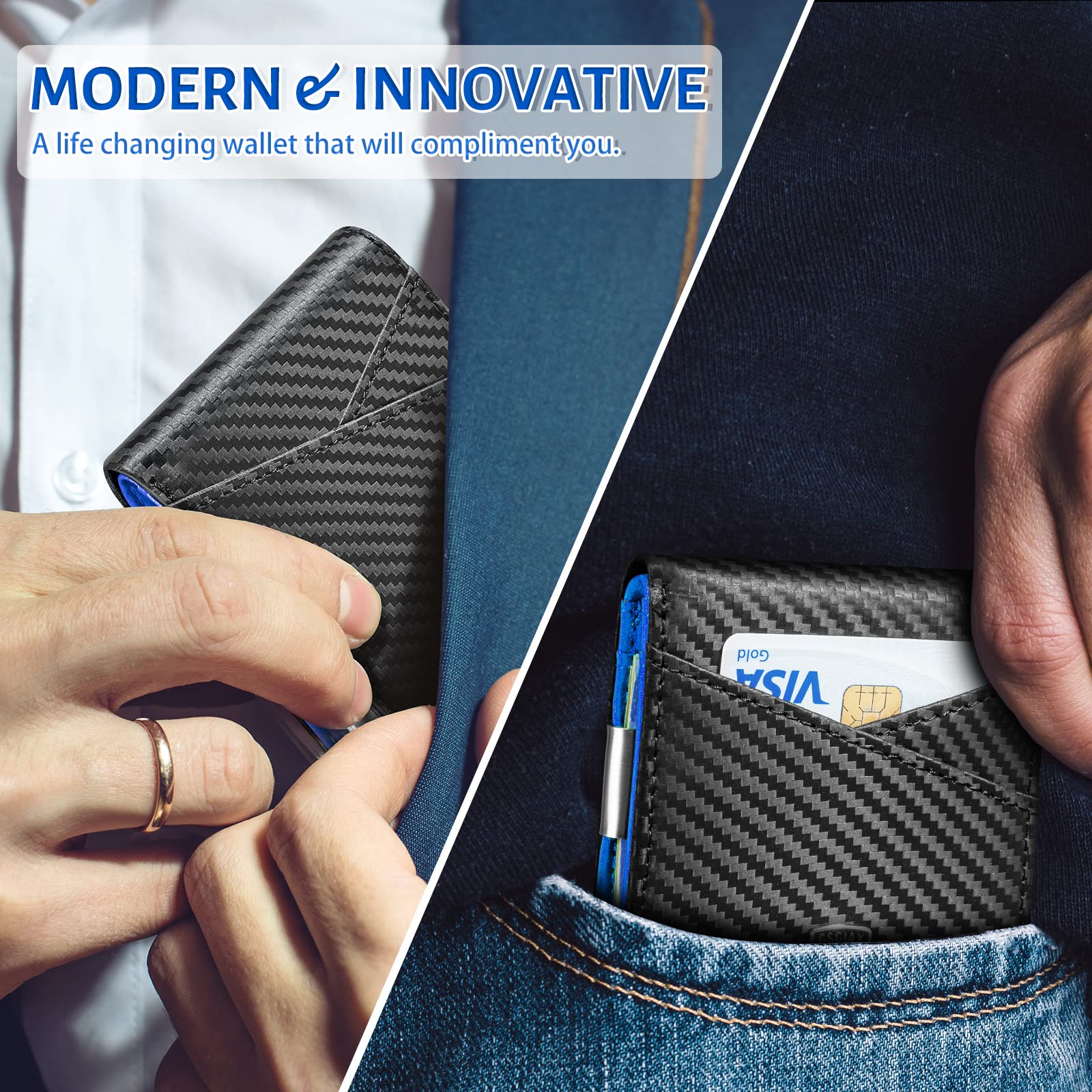 GSOIAX Slim Leather RFID Bifold Wallet for Men with Money Clip and 12 Credit Card Holders - Minimalist Front Pocket Wallet with ID Window, Cool Groove Design (Carbon blue)