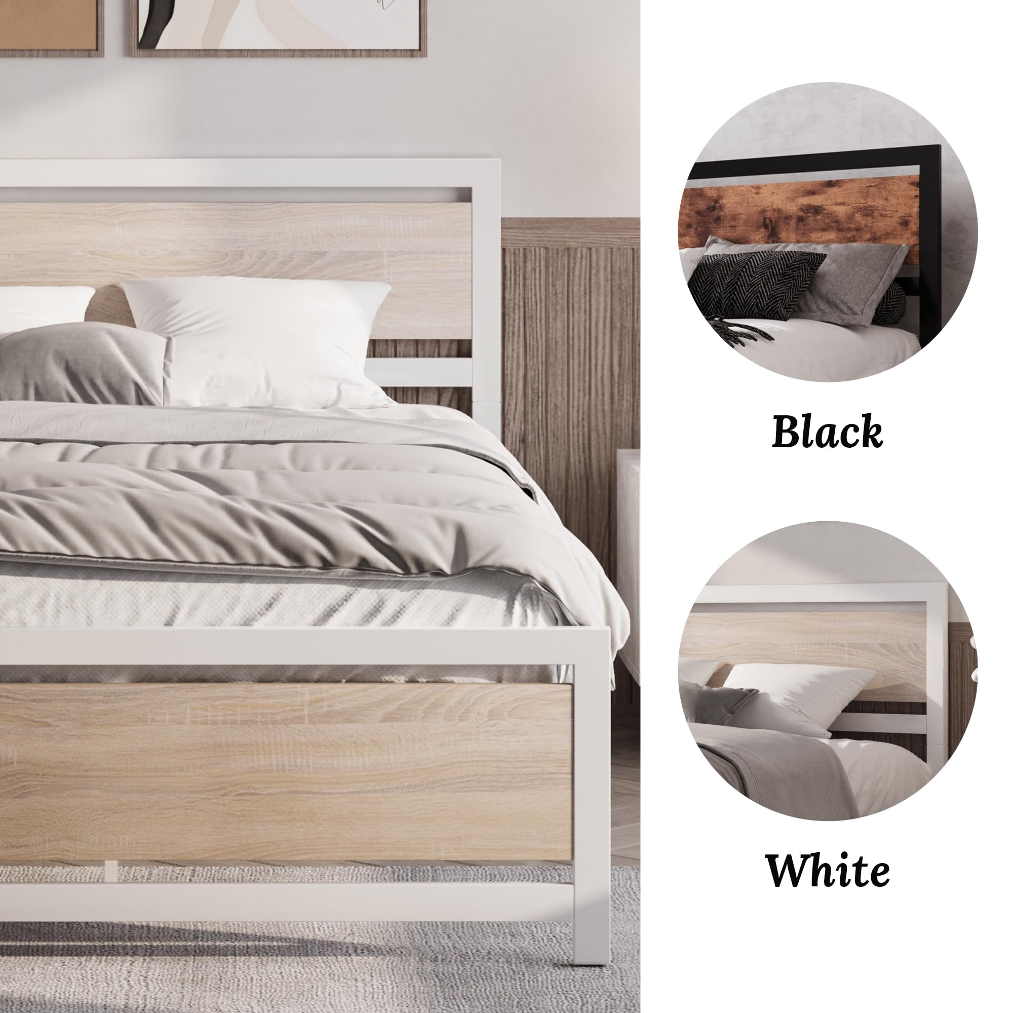 Merax Metal Platform Bed, Bed Frame with Wood Headboard and Footboard,No Box Spring Needed, Easy to Assemble, Full Size, White