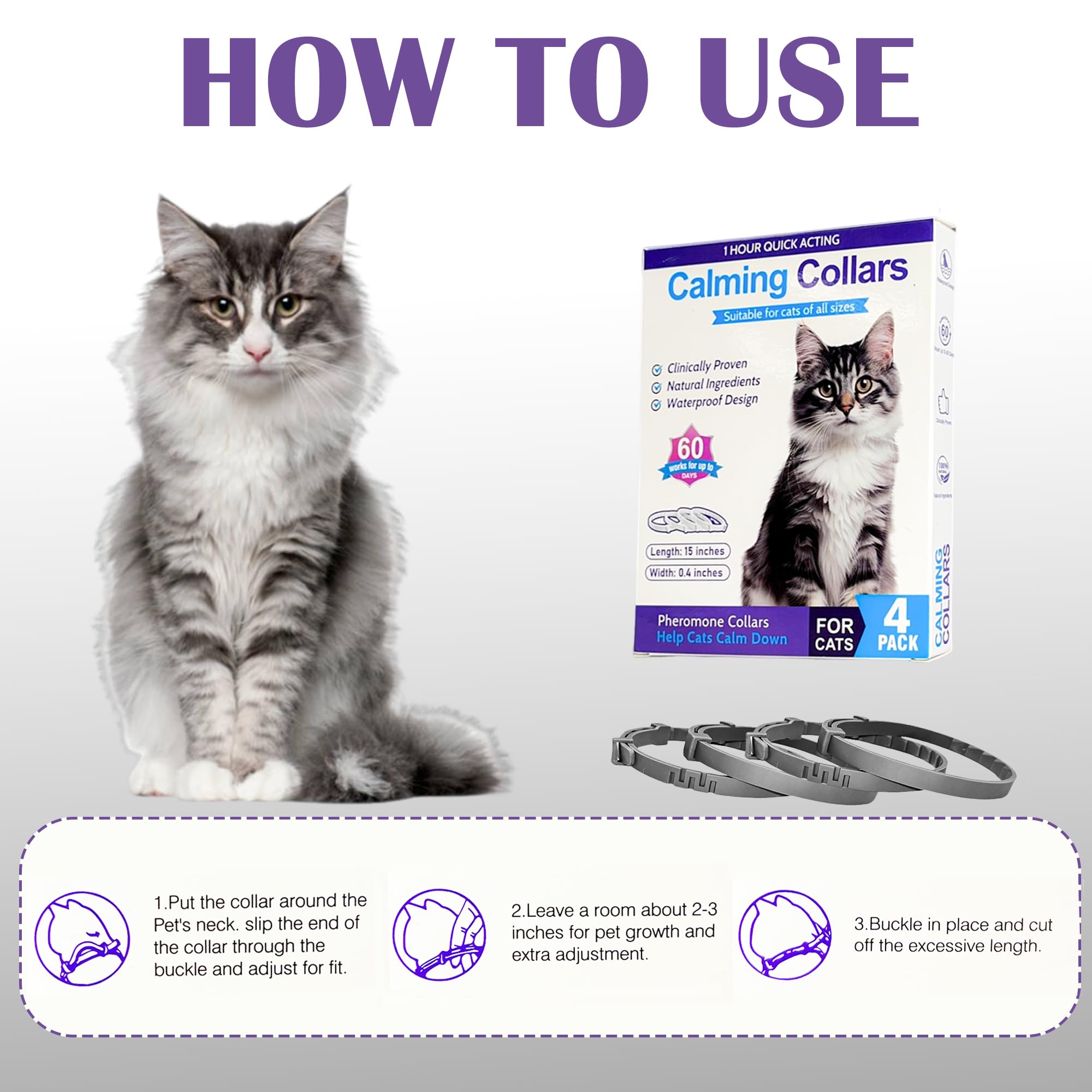 Minasuki 4 Pack Calming Collar for Cats - 60 Days Anxiety and Stress Relief, Relaxing Cat Collar, Adjustable Pheromones Collar for Cats,Natural Soothing for Continuous Calming