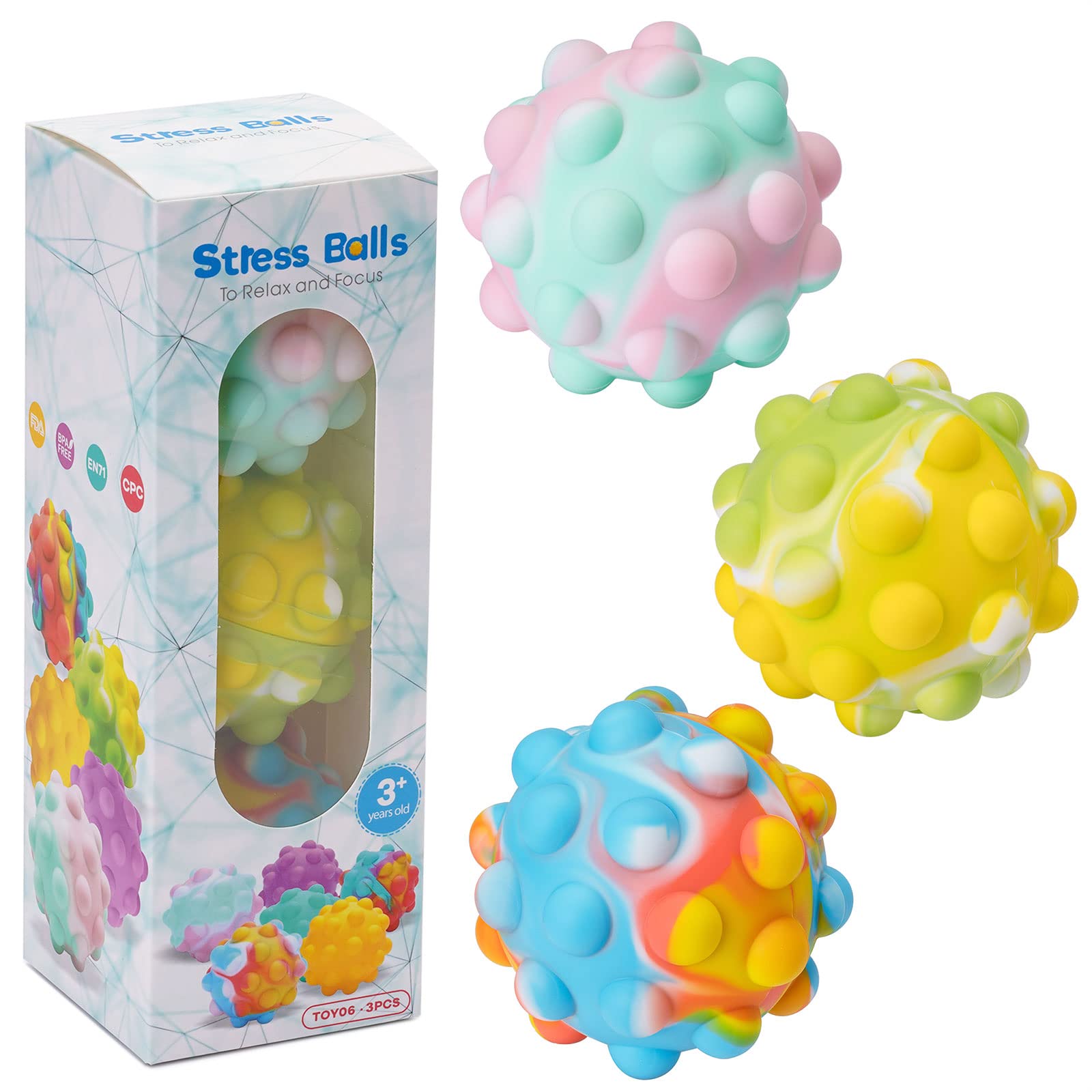 Telinkin Stress It Pop Ball Fidget Toys for Girls and Boys Gifts, Squishy Stress Balls for Adults & Kids, Push Popit Squeeze Ball Fidgets Toy with Anxiety Relief for ADHD Children & Adult Pack of 3