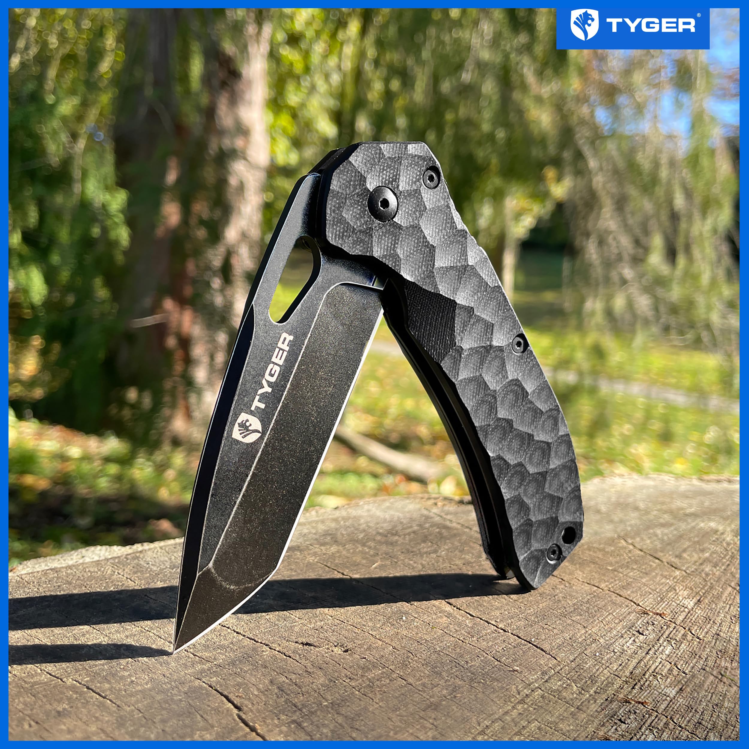 Tyger K4 EDC Folding Pocket Knife | Stone-washed AUS-8 Steel Blade with Black Titanium Ion Carbide Coating | Black G-10 Handle | TG-KF7A2858