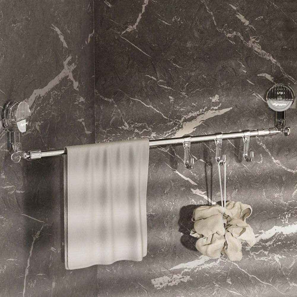 Retractable Towel Rack, Suction Cup Towel Bar with 6 Sliding Hooks, 23-47 Inch Adjustable, Removable Vacuum Suction Towel Holders, Bathroom Wall Washcloth Rack, for Kitchen, Toilet, Shower, Door(Gray)