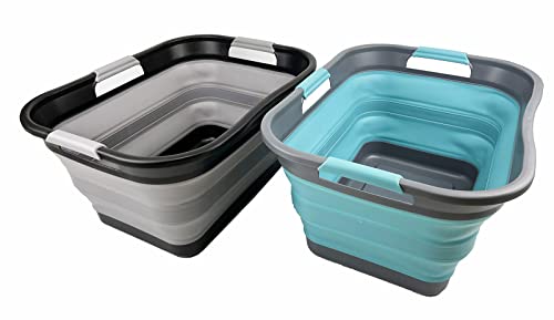 SAMMART 30L (8 gallon) Set of 2 Collapsible Plastic Laundry Basket - Foldable Pop Up Storage Container/Organizer - Portable Washing Tub - Water capacity: 24L (6.3 gallon) (Alloy Grey + Crystal Blue)