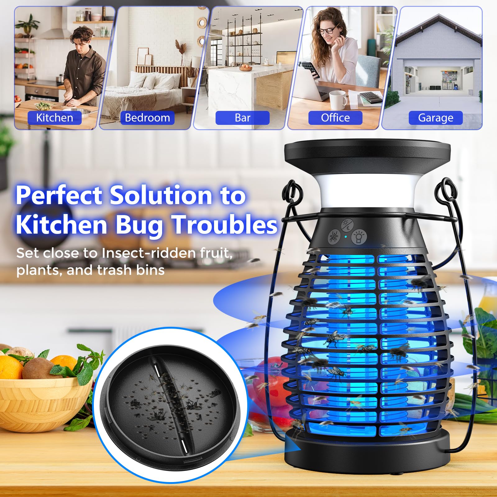 GTERT Solar Bug Zapper, 4200V Mosquito Zapper Outdoor, 4 in 1 Cordless Bug Zapper, Rechargeable Bug Zapper Outdoor Solar Powered with 4000mAh Battery, Portable Waterproof Fly Zapper for Patio