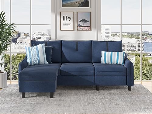 Pingliang Home 80" Sectional Sofas for Living Room, 3 Seat L Shaped Couch with Reversible Ottoman, Modern Linen Fabric Small Sectional Couch for Apartment Small Space, Navy Blue