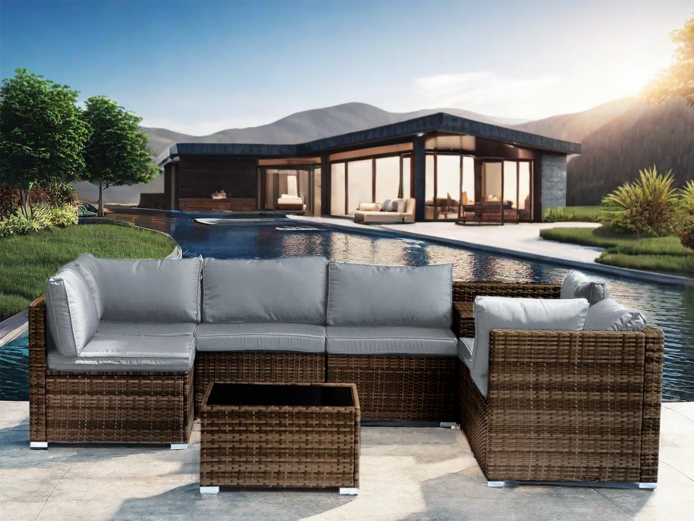 PatLoom 8-Piece Modular Outdoor Wicker Patio Furniture Set - Sectional PE Rattan Sofa with 2 Pillows, Coffee Table, Protective Cover - Garden, Backyard, Porch Conversation Set (Grey)