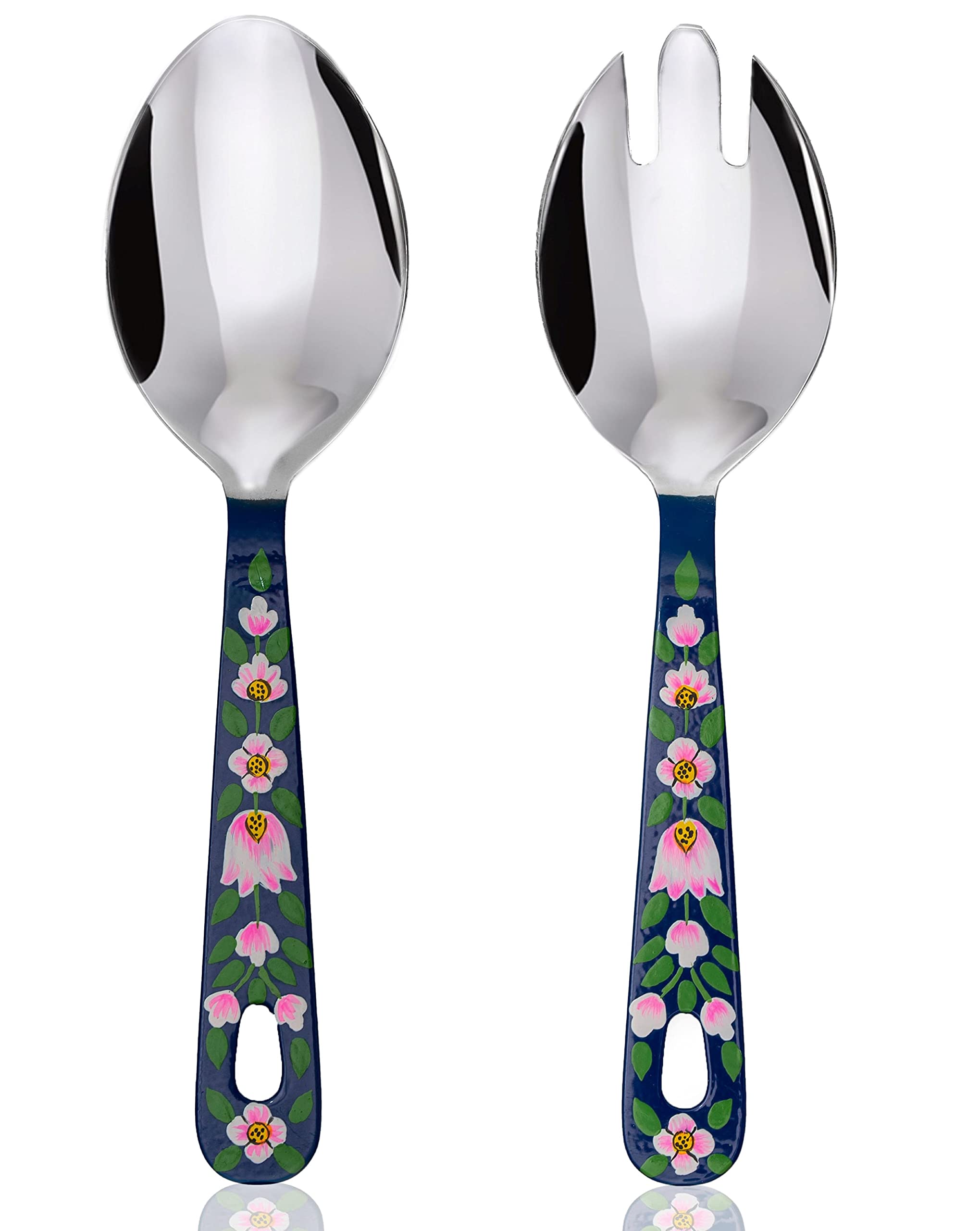 Hand Painted Serving Spoon and Fork β Large Stainless Steel Salad Servers. Floral Colorful Kashmiri Art - Practical Decorative and Durable, Set of 2 with 10 Inch Handles in Cotton Bag (Blue)