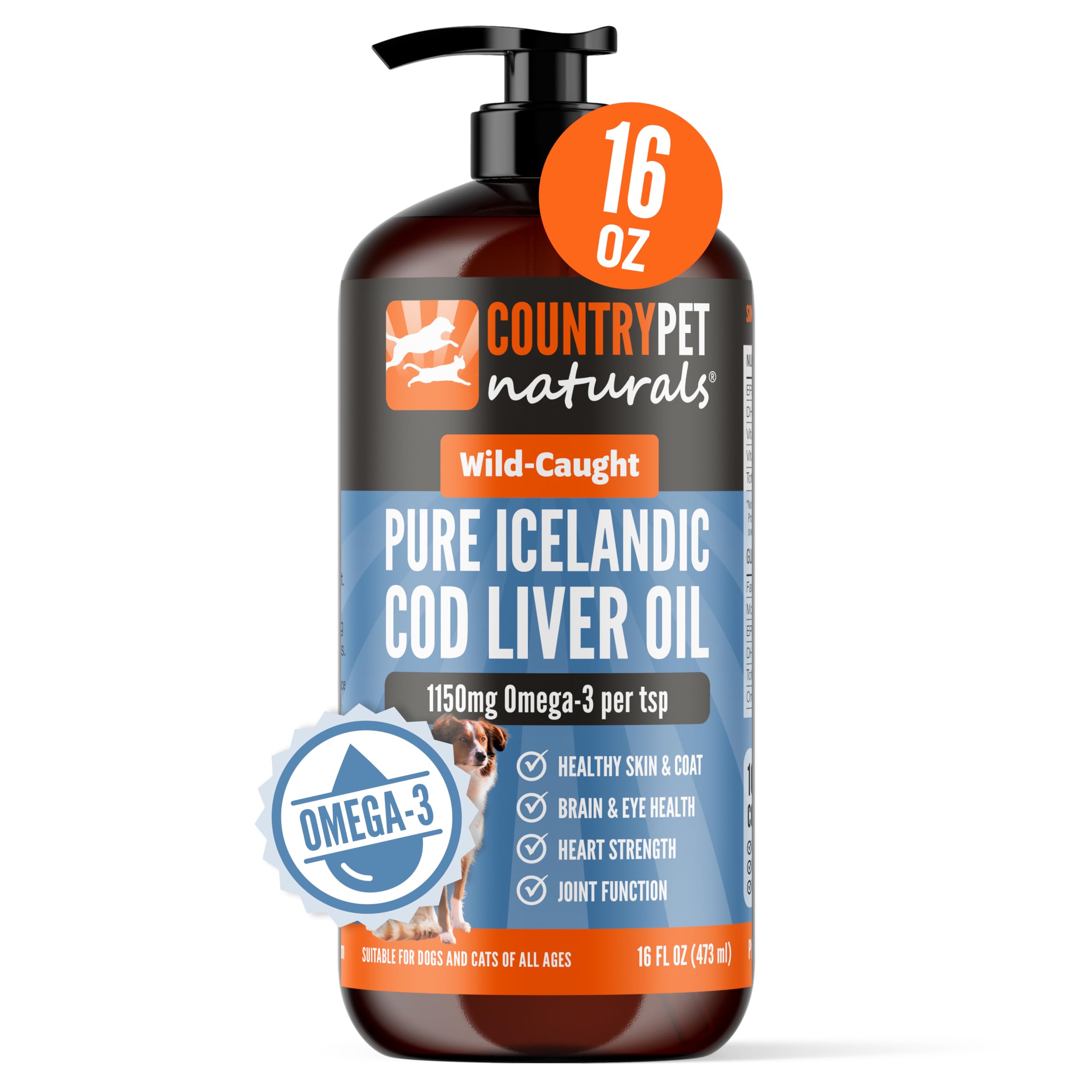 Wild Caught Pure Cod Liver Oil 16oz Highest Omega 3 1150mg/tsp, Highest Purity, High EPA/DHA, Vitamin A & D - Reduces Itching, Healthy Skin & Coat, Mobility, BPA-Free, Pump incl.