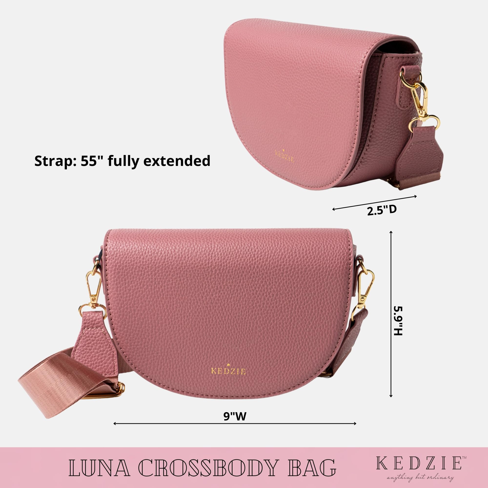 KEDZIE Luna Crossbody Bag Shoulder Purse with Removable Strap Messenger Bag for Women, Girls - Black