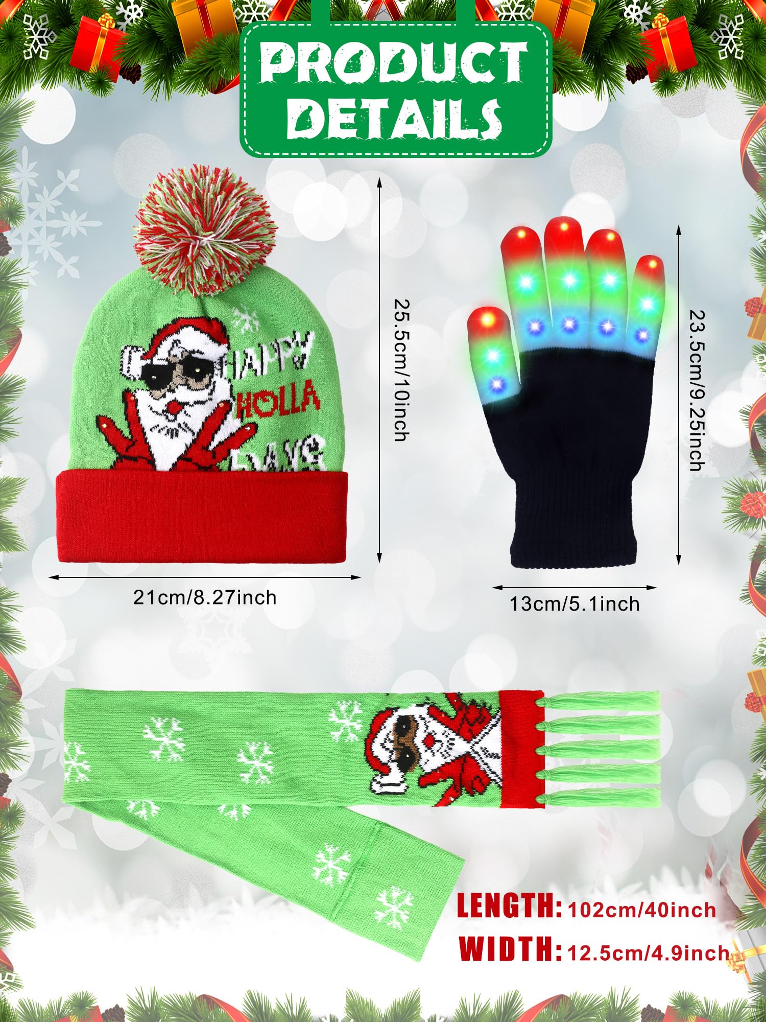Eurzom 3 Pieces LED Light up Christmas Hat Xmas Light up Scarf Gloves Set Holiday Christmas Hat Beanie Knit Cap for Christmas Party (Sunglasses)
