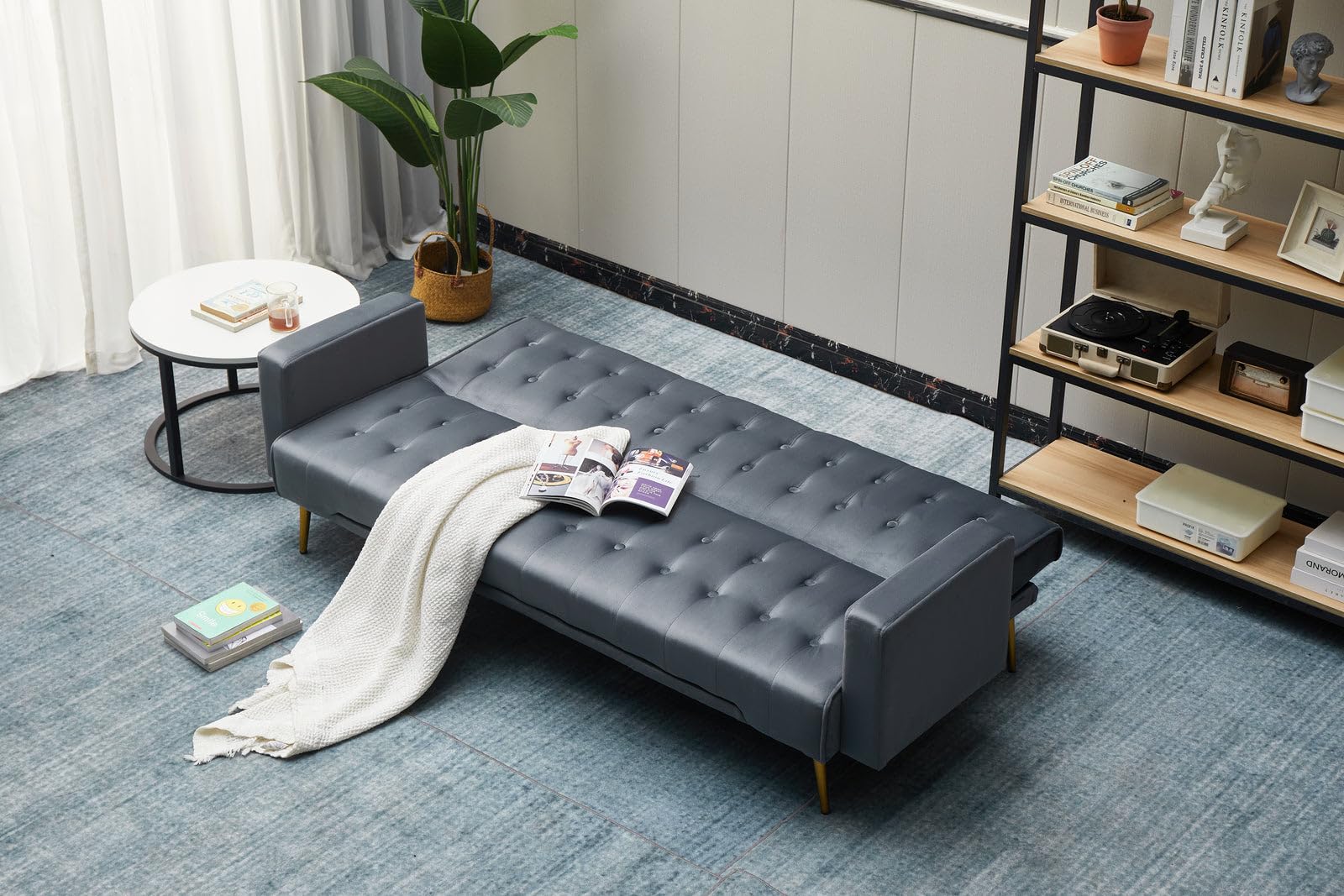 MODCART 75 Inch Velvet Futon Sofa Bed with Adjustable Back, Convertible Futon Couch, w/Tufted Buttoned Design & Metal Legs, Upholstered Slpper Bed for Home, Small Space Apartment